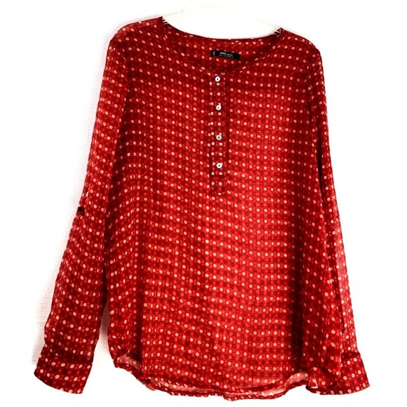 Mango | Tops | Mng Mango Basics Womens Sheer Popover Blouse Red Floral ...